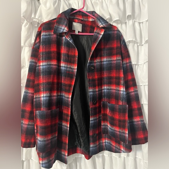 ASOS | Jackets & Coats | Asos Red And Black Plaid Pea Coat | Poshmark
